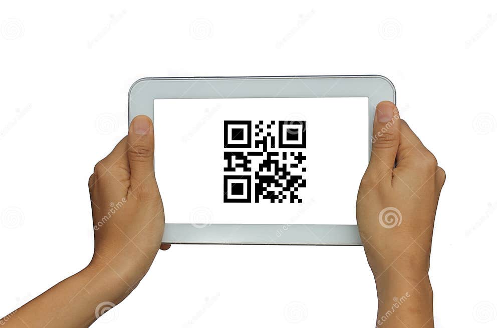 Hand Holding Isolated White Tablet with QR Code Scan Stock Image ...