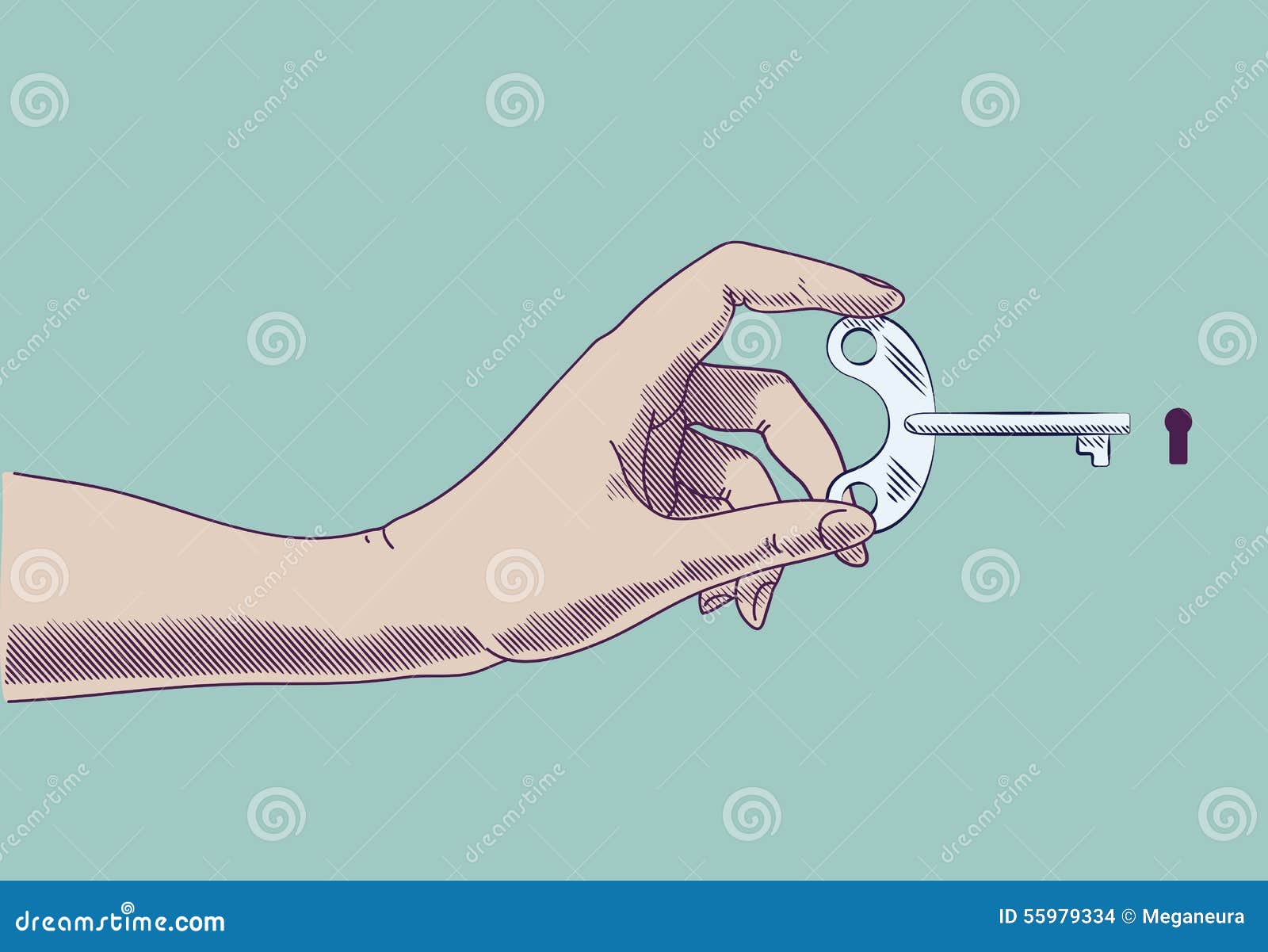Hand Holding Key at Keyhole. Concept Illustration in Retro Style Stock ...