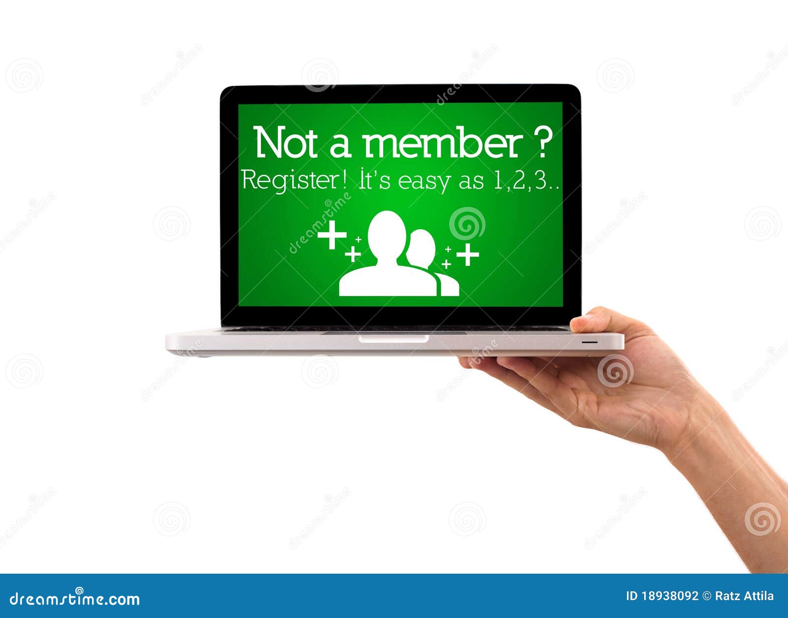 Hand Holding Laptop with Register Sign Stock Photo - Image of computer ...