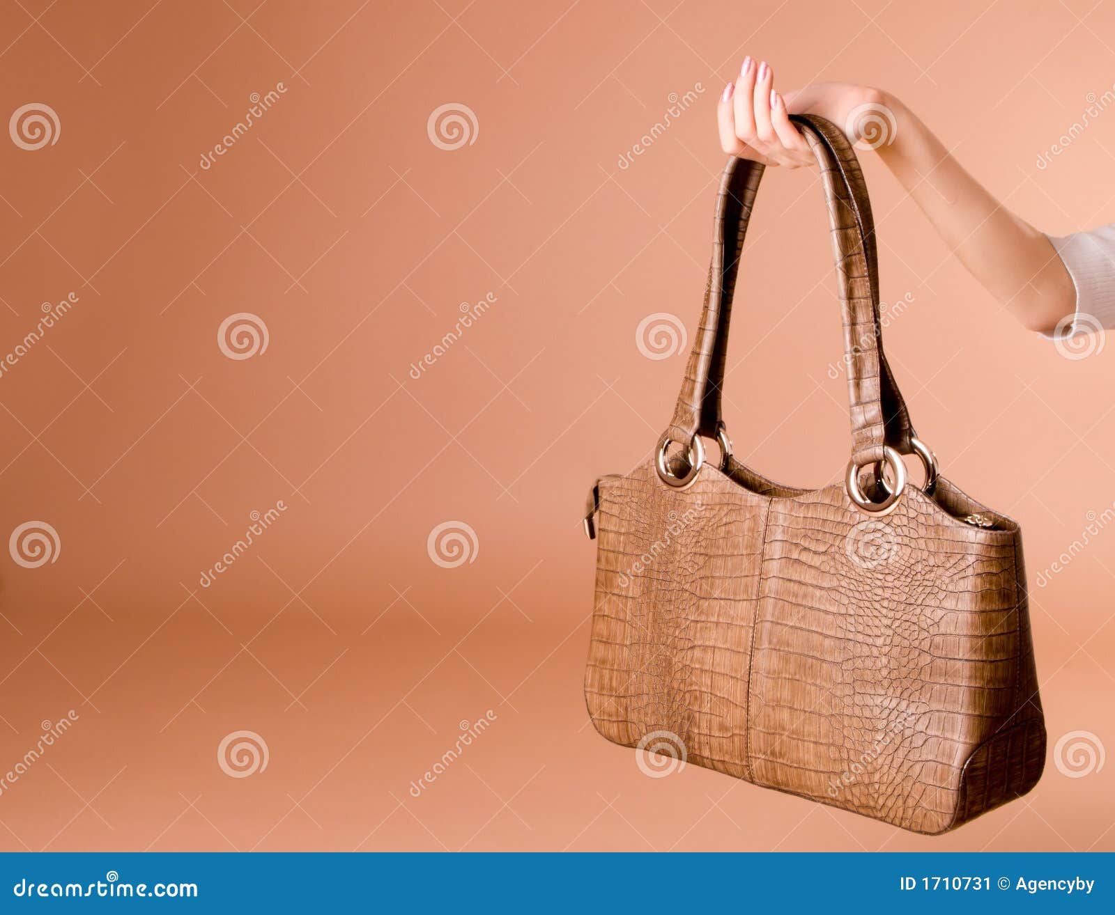Hand Holding Leather Handbag on the Beige Background Stock Image ...