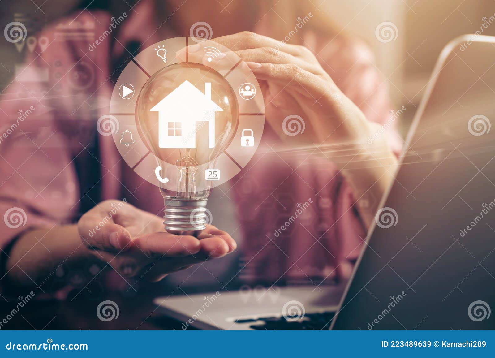 Hand Holding Light Bulb with Smart Home Control Panel, Renewable Energy ...