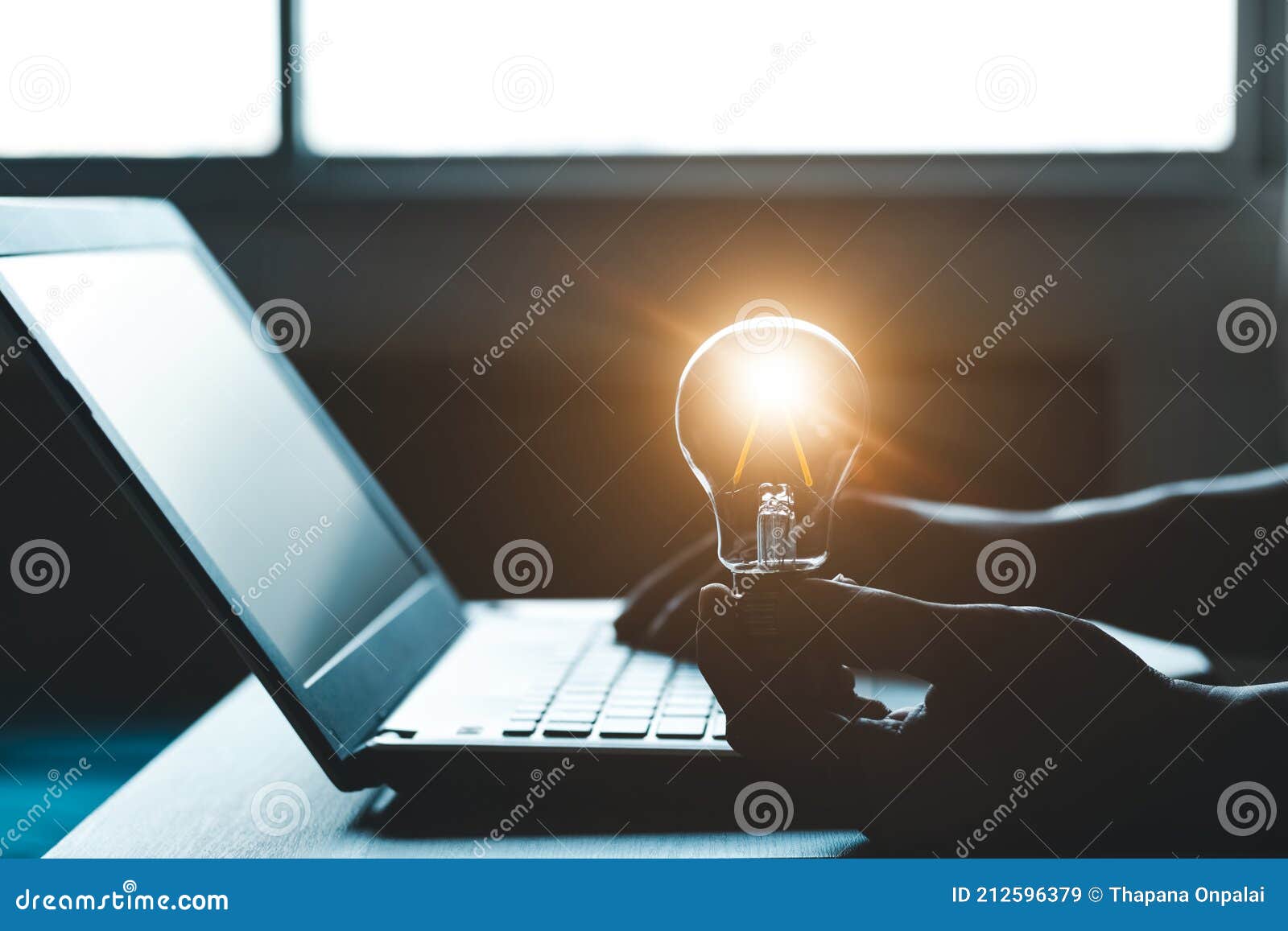 Hand Holding a Light Bulb and Working on a Laptop Computer. Stock Image ...