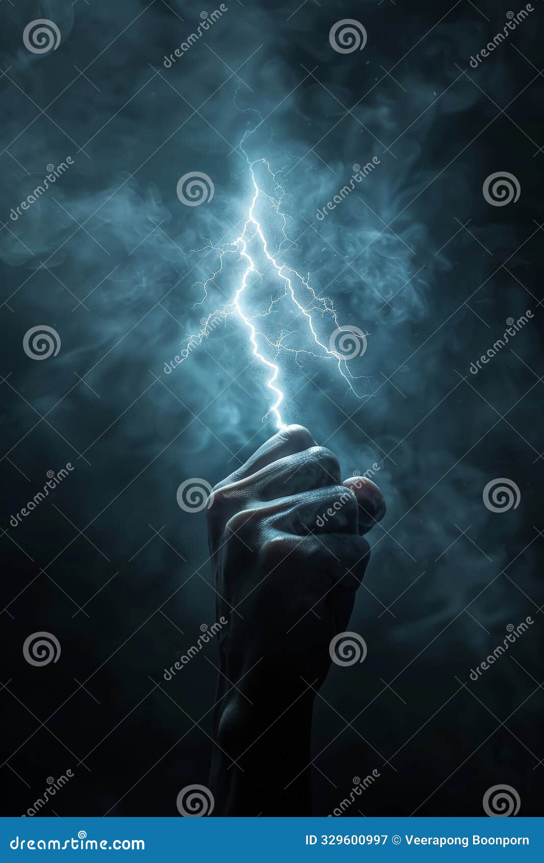 Hand Holding Lightning Bolt, With Brooding Stormy Sky, Energy And Power ...