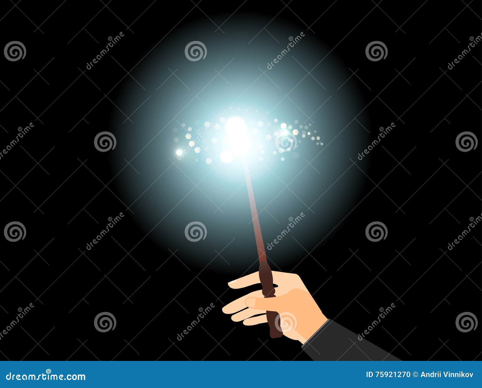 Hand Holding a Magic Wand. Magic Bright Light with Sparks Stock Vector ...