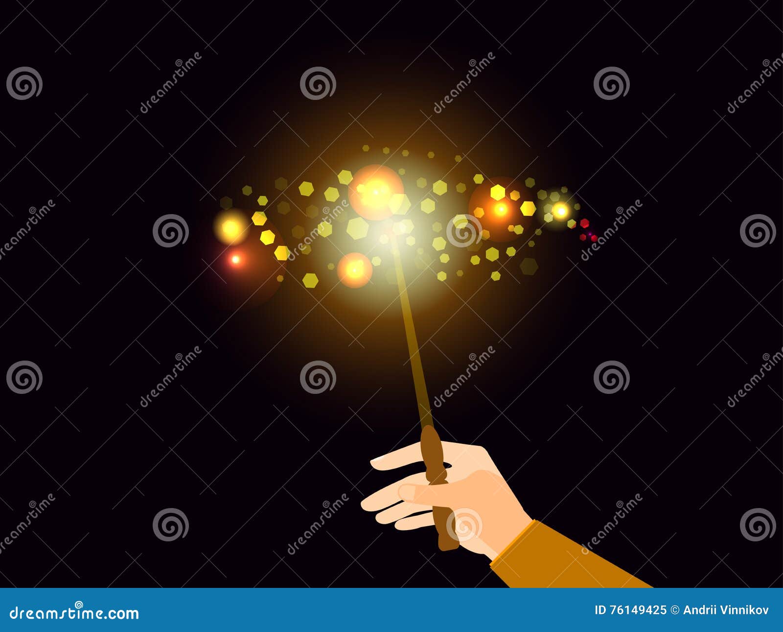 Hand Holding a Magic Wand. Magic Bright Light with Sparks Stock Vector ...