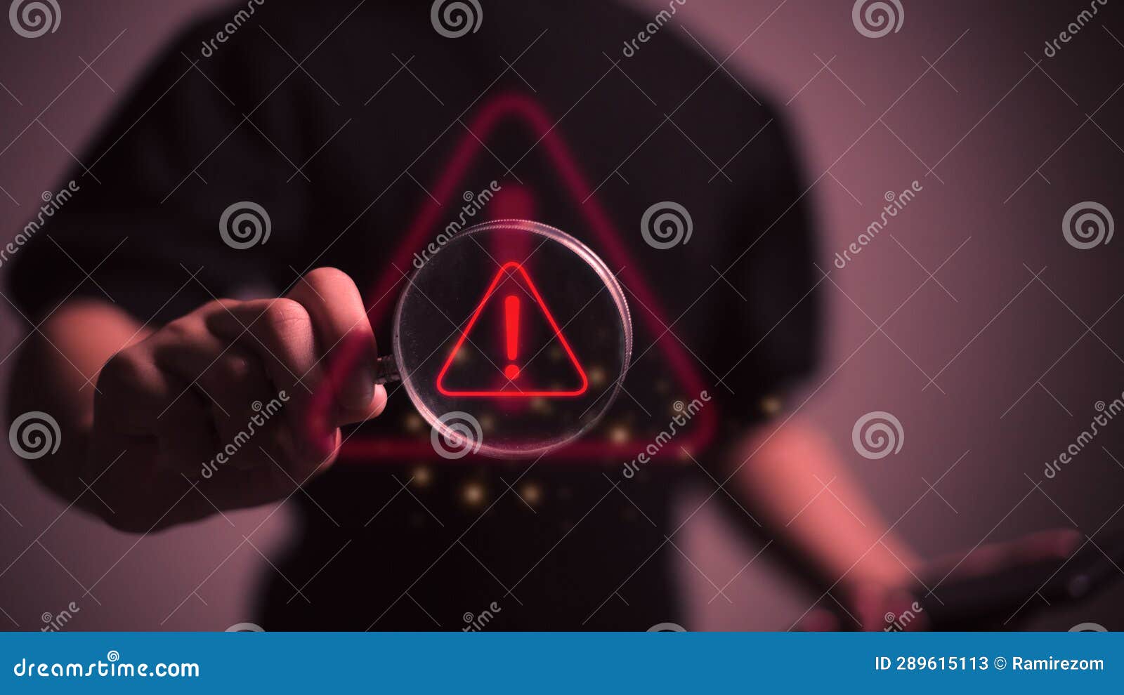 Hand Holding Magnifier Glass with Red Triangle Caution Warning Sign for ...