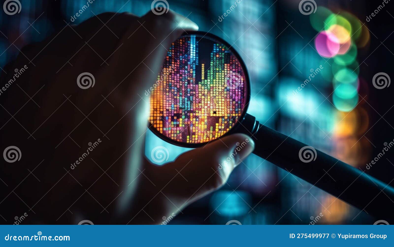Hand Holding Magnifying Glass Examining Glowing Material Generated by ...