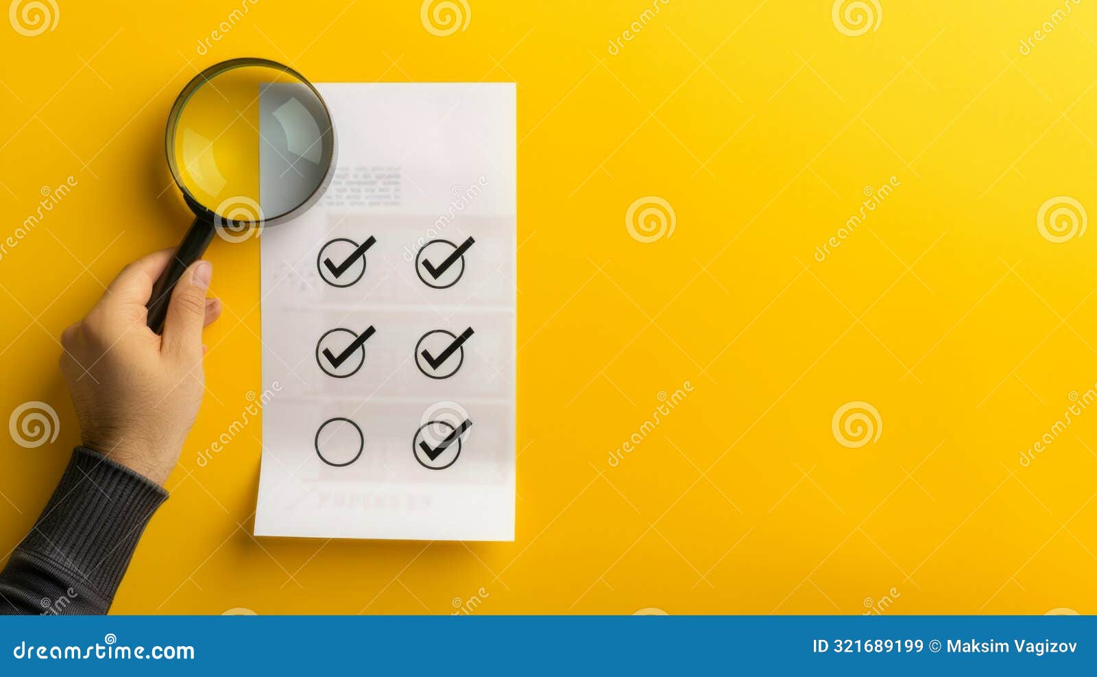 Hand Holding Magnifying Glass Over Checkmark List on Yellow Background ...