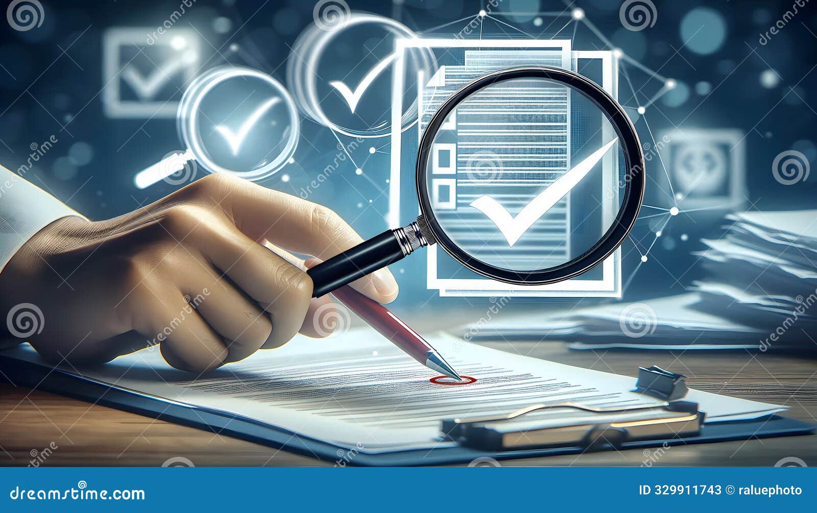 A Hand Holding a Magnifying Glass Over a Document with a Checkmark on ...