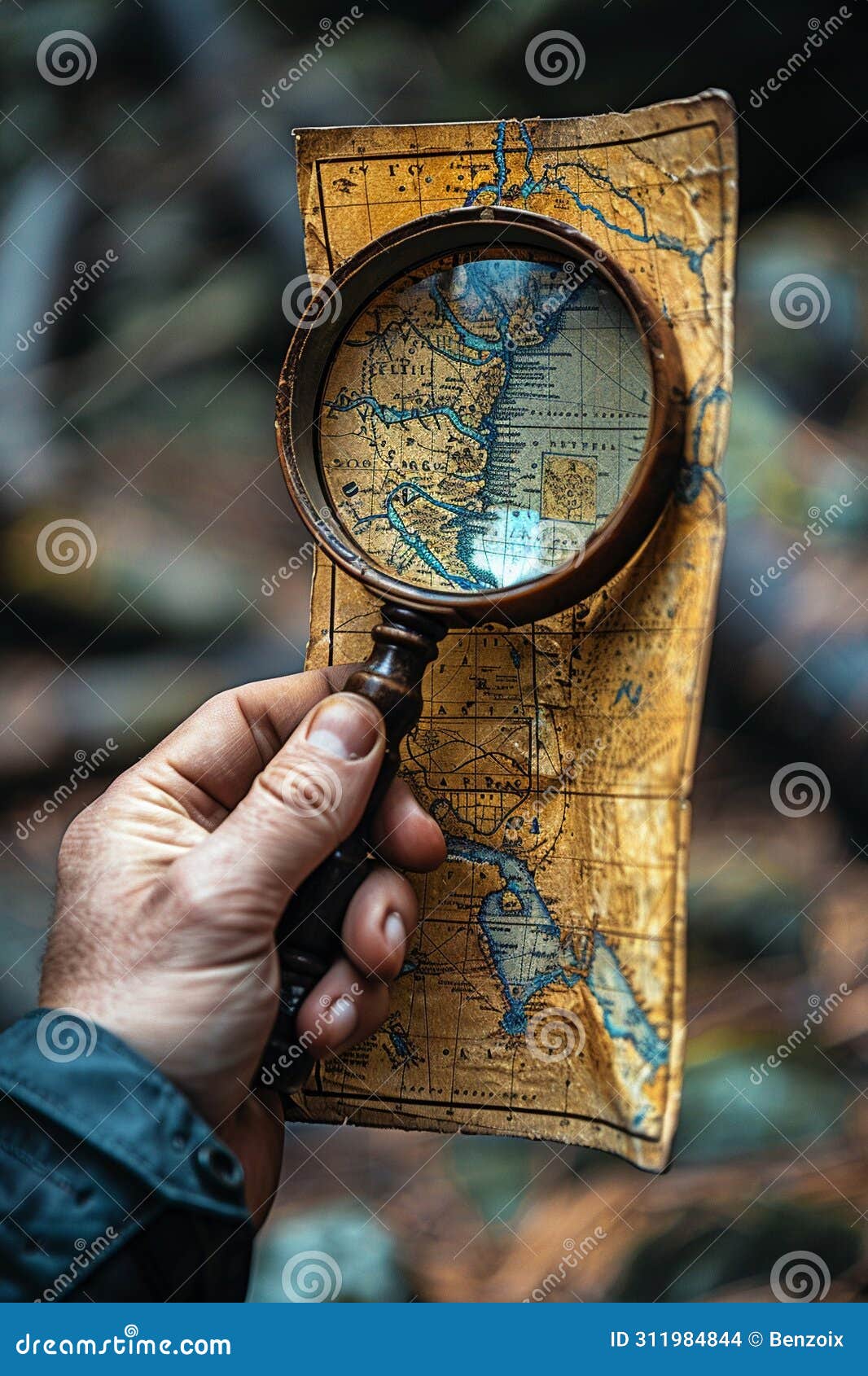 Hand Holding a Magnifying Glass Over a Map Stock Illustration ...