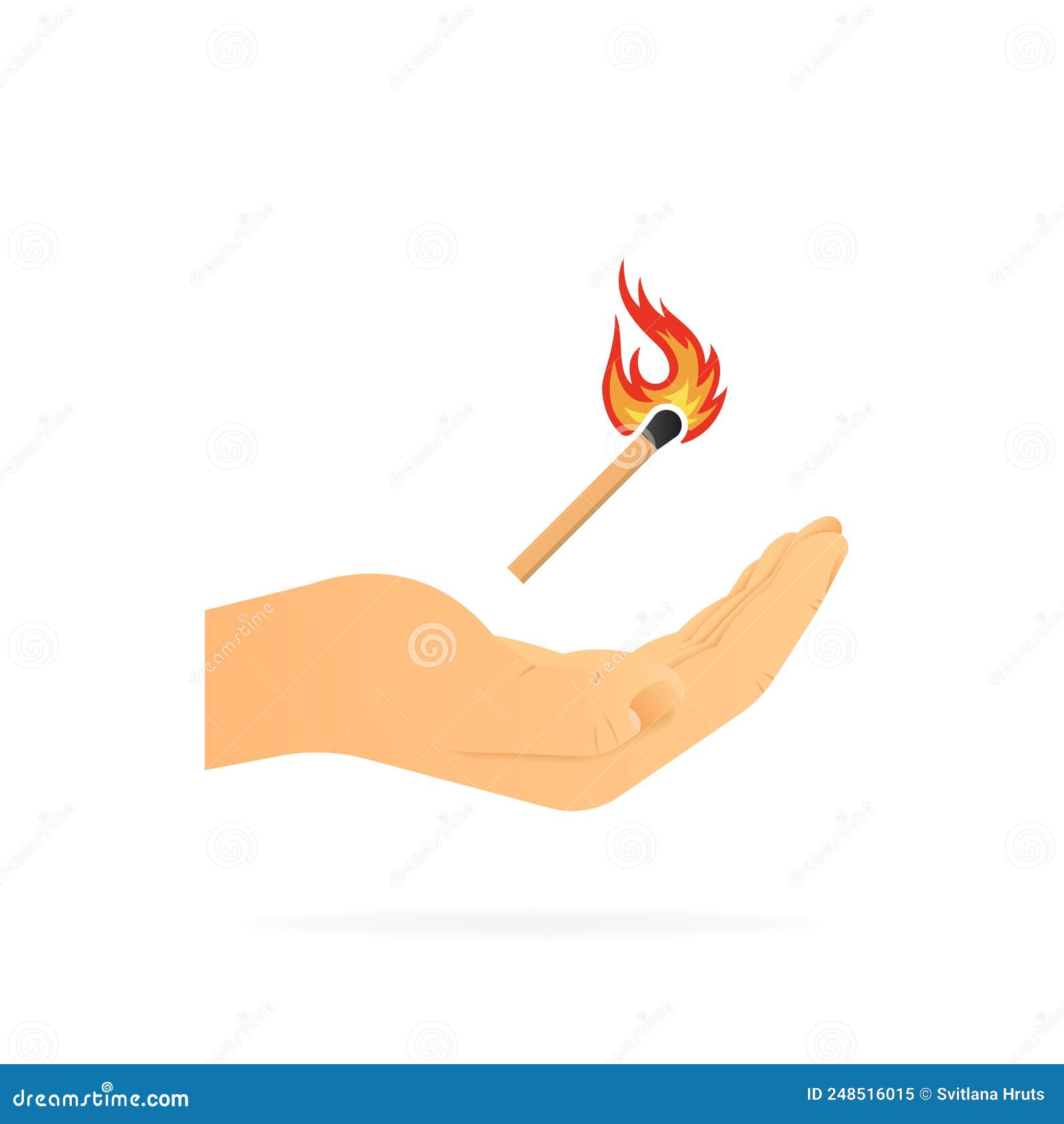 Hand Holding Match with Fire. Realistic Hand. White Background. Vector ...