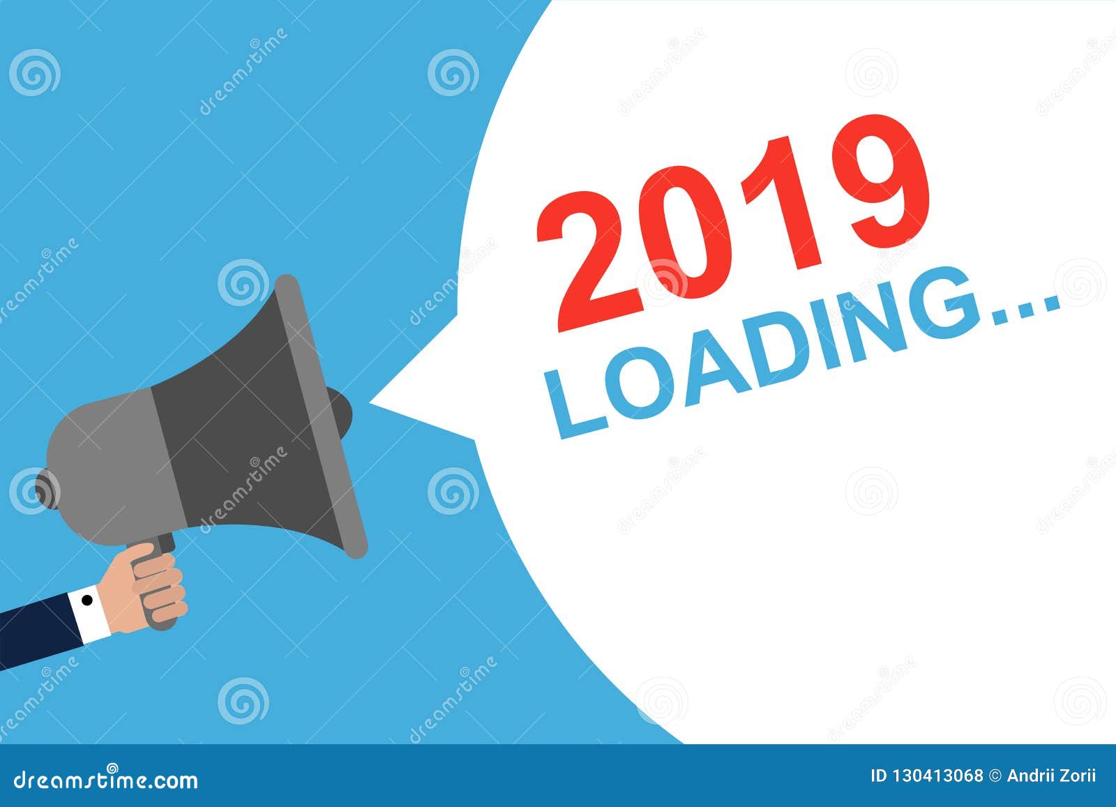 Hand Holding Megaphone with Speech Bubble 2019 LOADING. Announcement ...