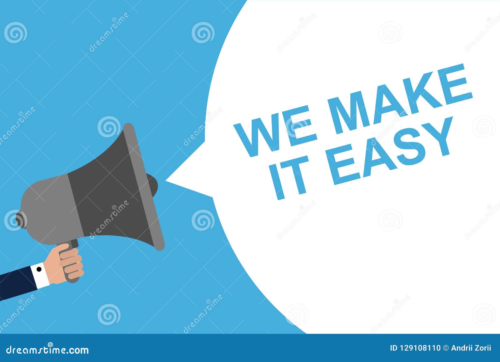 Hand Holding Megaphone with Speech Bubble we MAKE it EASY. Announcement ...