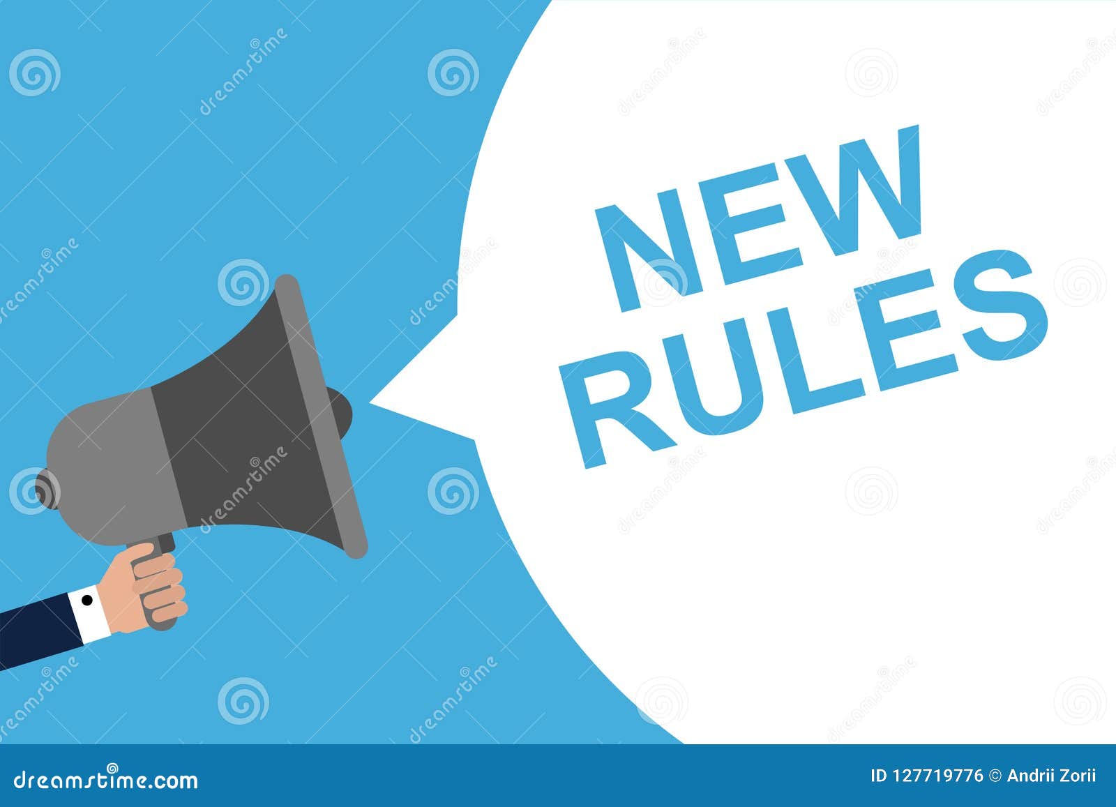 Hand Holding Megaphone with Speech Bubble NEW RULES. Announcement Stock ...