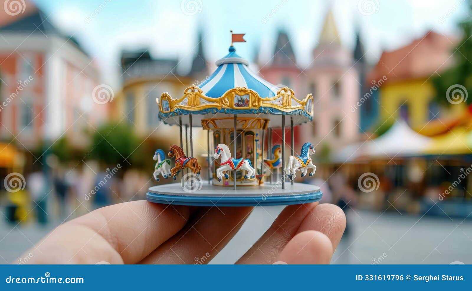 Miniature Carousel Toy Over White Marble Top Table With Blur Background ...