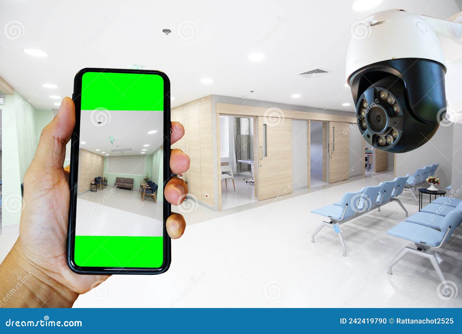 Hand Holding Mobile Check Office or Room Connect with Security Camera ...