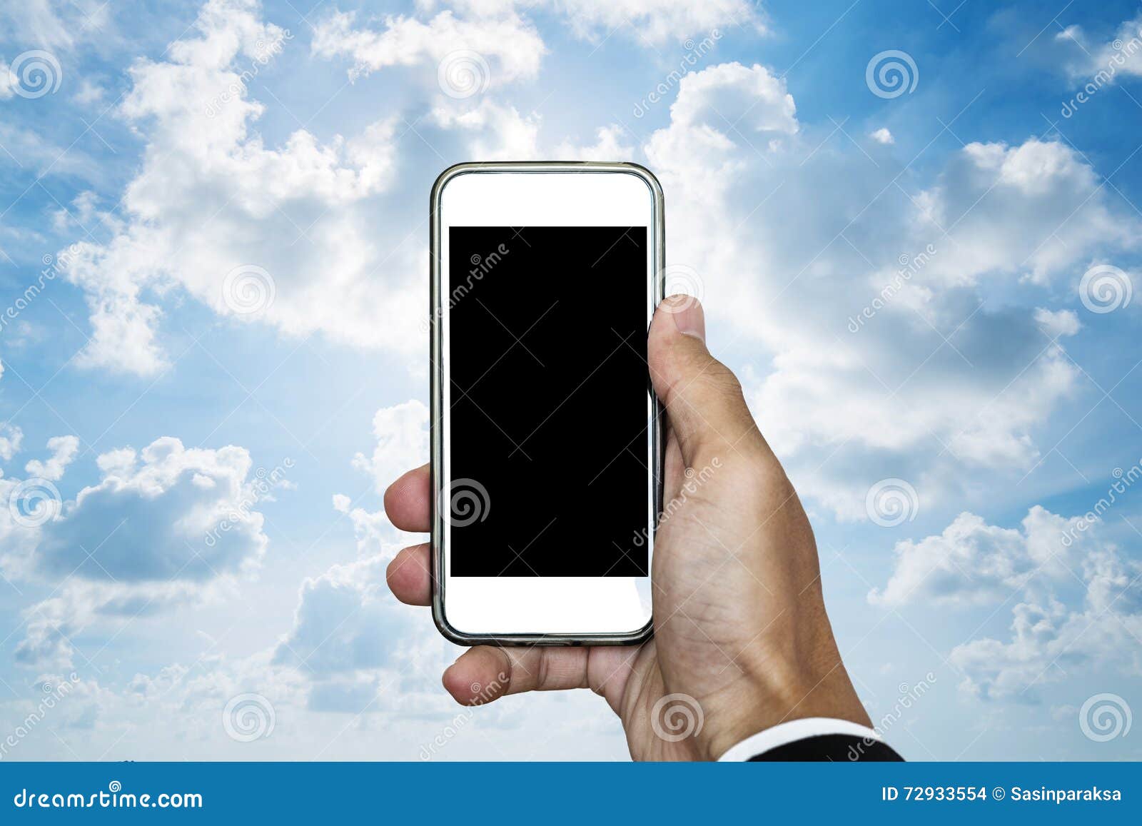 Hand Holding Mobile Phone with Blank Space on Screen, on Blue Sky with ...