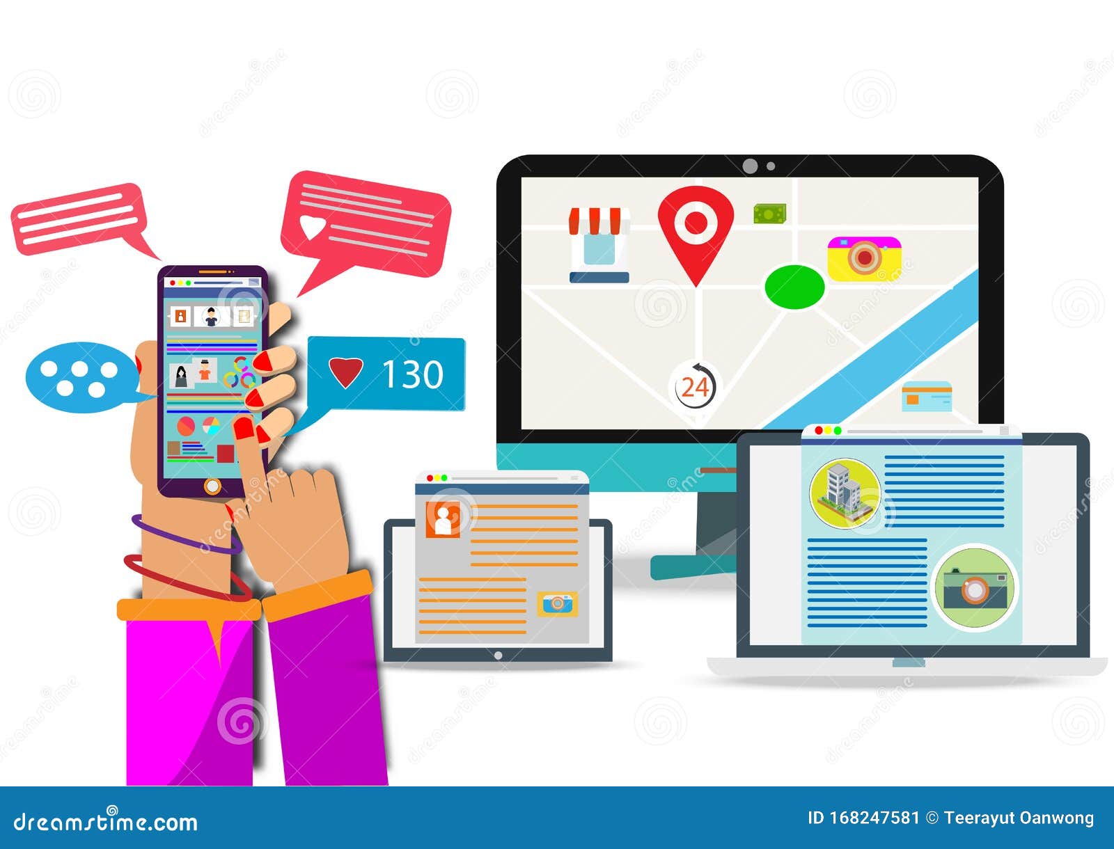 Hand Holding Mobile Phone and Computer.messages Stock Illustration ...