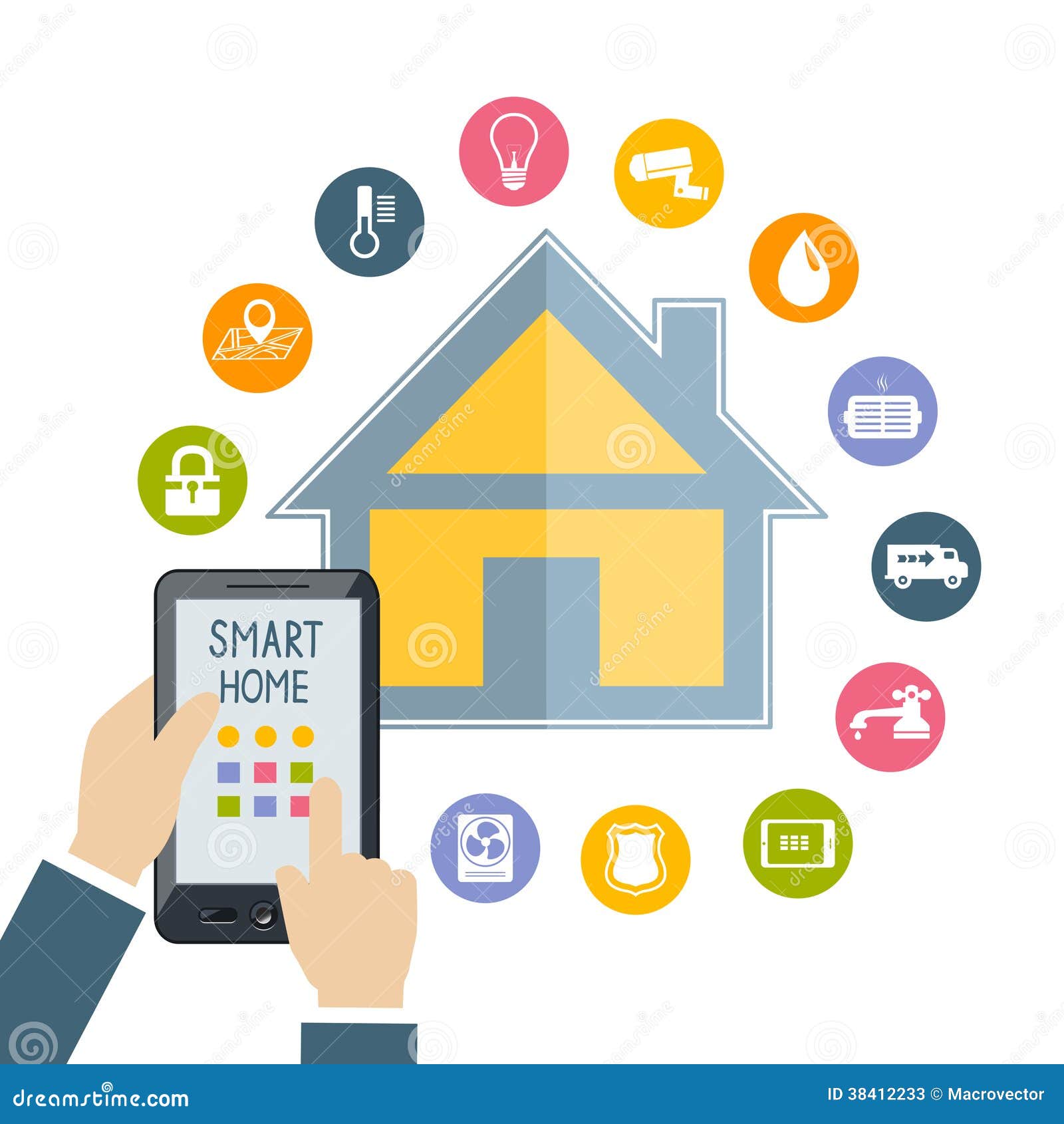 Hand Holding Mobile Phone Controls Smart Home Stock Vector ...