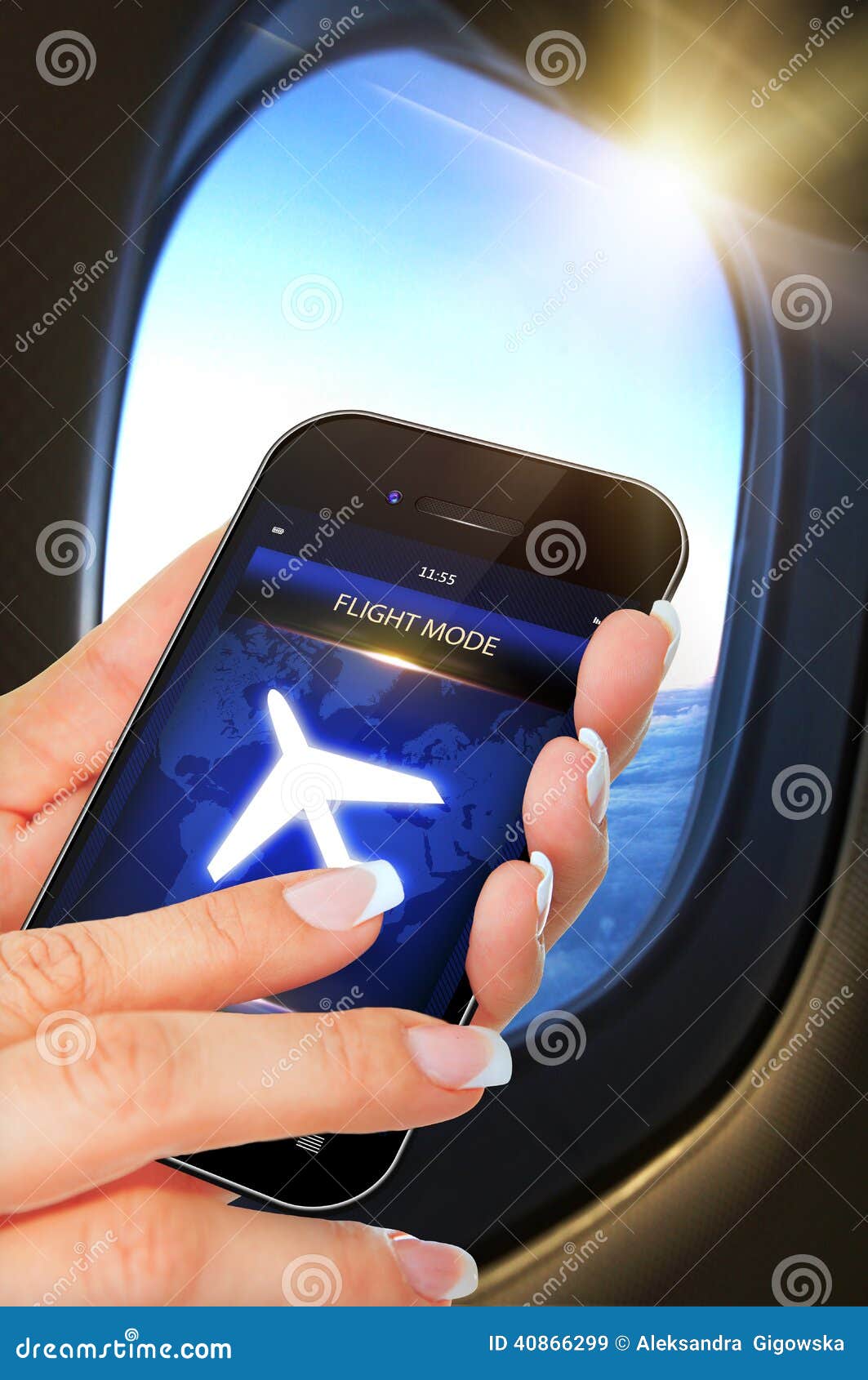 Hand Holding Mobile Phone with Flight Mode in the Airplane Stock Image ...