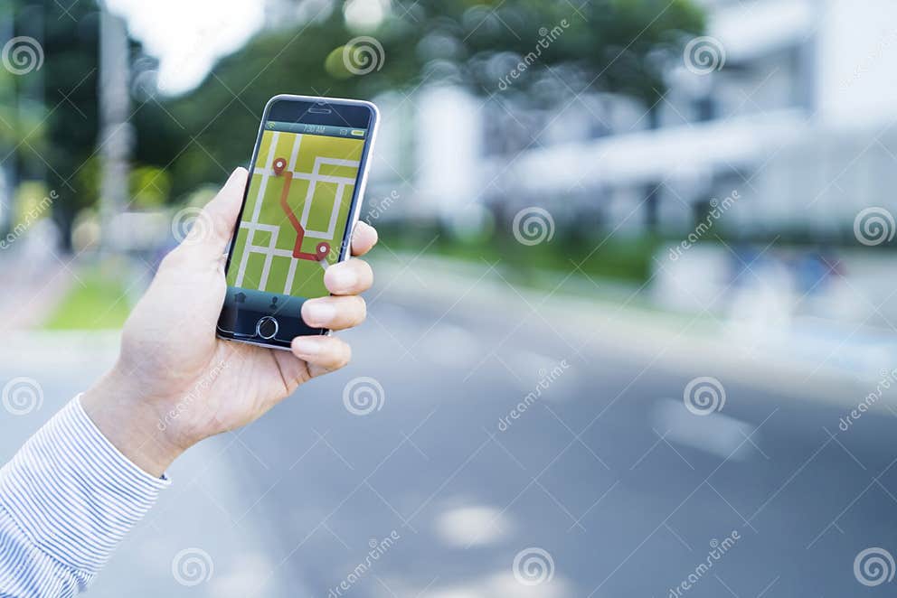 Hand Holding Mobile Phone with Gps Navigation Stock Photo - Image of ...