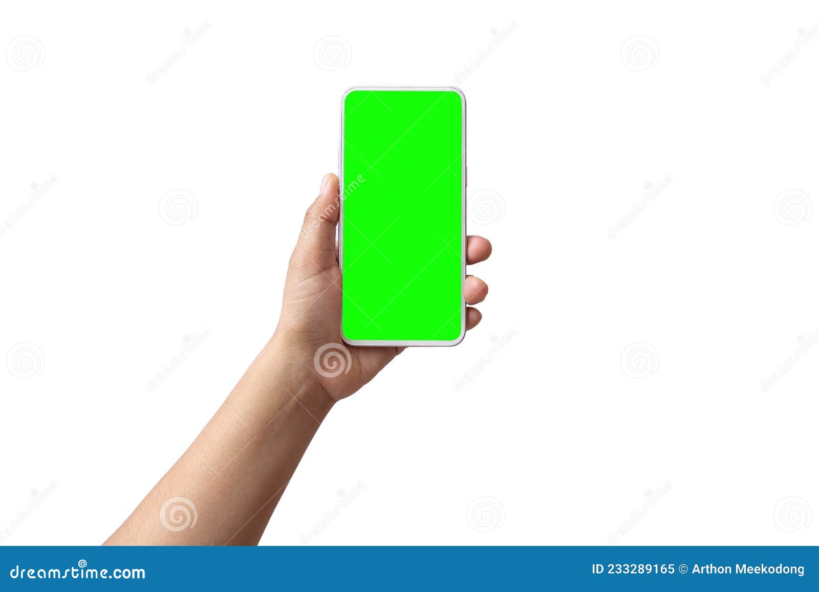 Hand Holding Mobile Phone Green Screen on White Background Stock Image ...