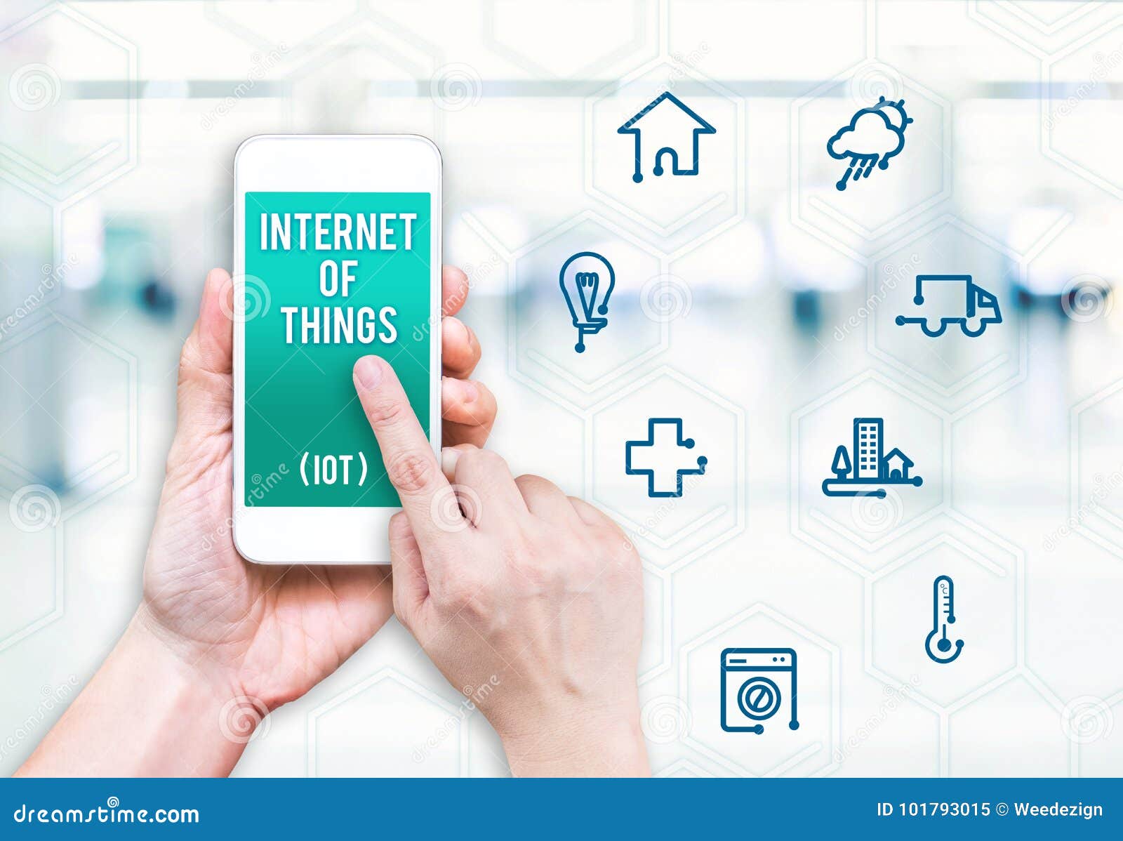 Hand Holding Mobile Phone with Internet of Things IoT with Fea Stock ...