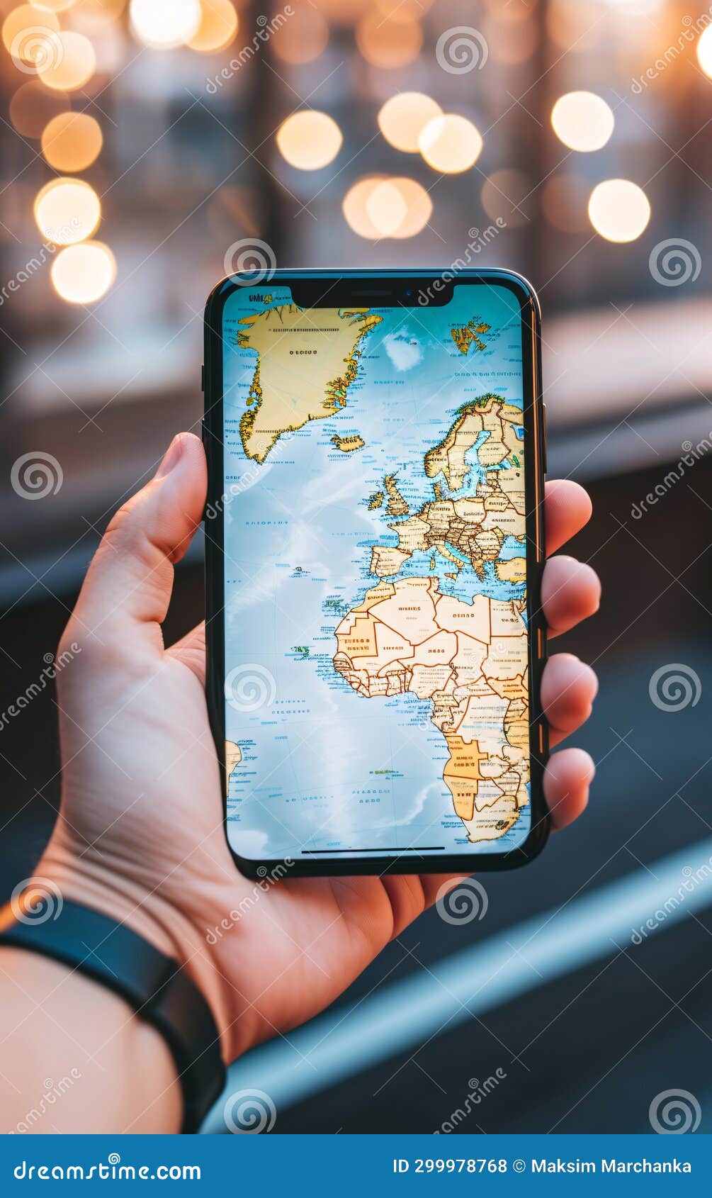 Hand Holding Mobile Phone with Map App, Navigation and Tourism Concept ...