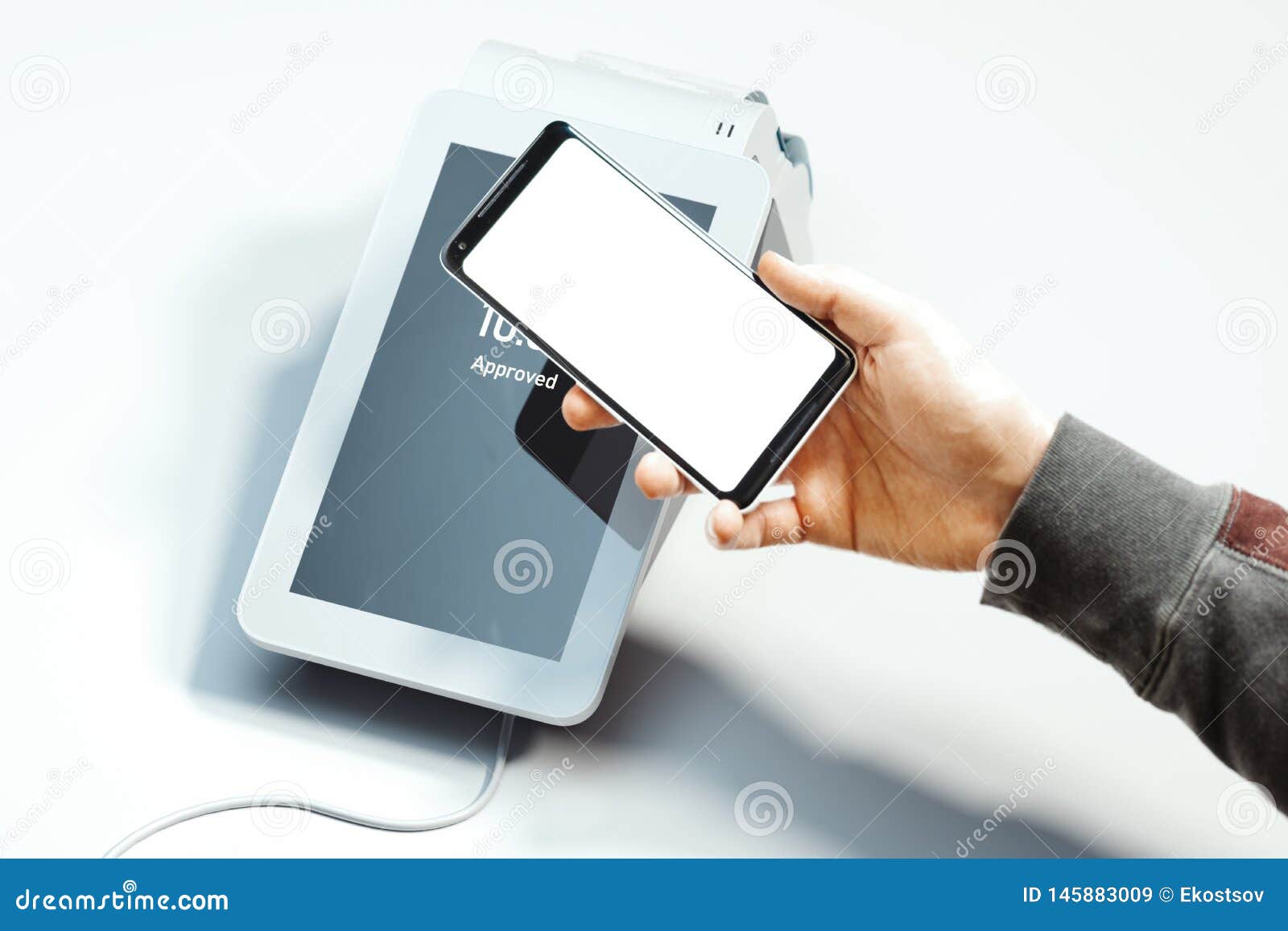 Hand Holding Mobile Phone and POS Payment Terminal NFC Payments. 3d ... Hand Holding Mobile Phone and POS Payment Terminal NFC Payments. 3d ...