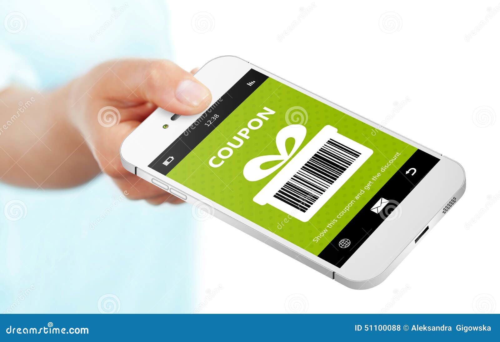 Hand Holding Mobile Phone with Spring Discount Coupon Over White Stock ...