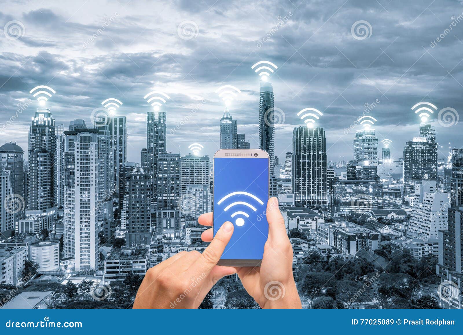 Hand Holding Mobile Phone with Wifi Network Connection Network. Stock ...