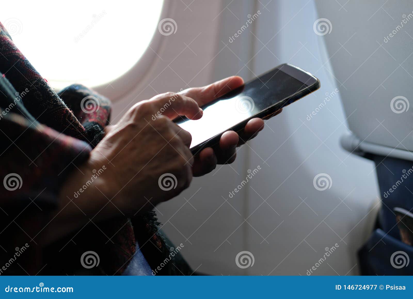 Hand Holding Mobile Smart Phone on Airplane Stock Image - Image of ...