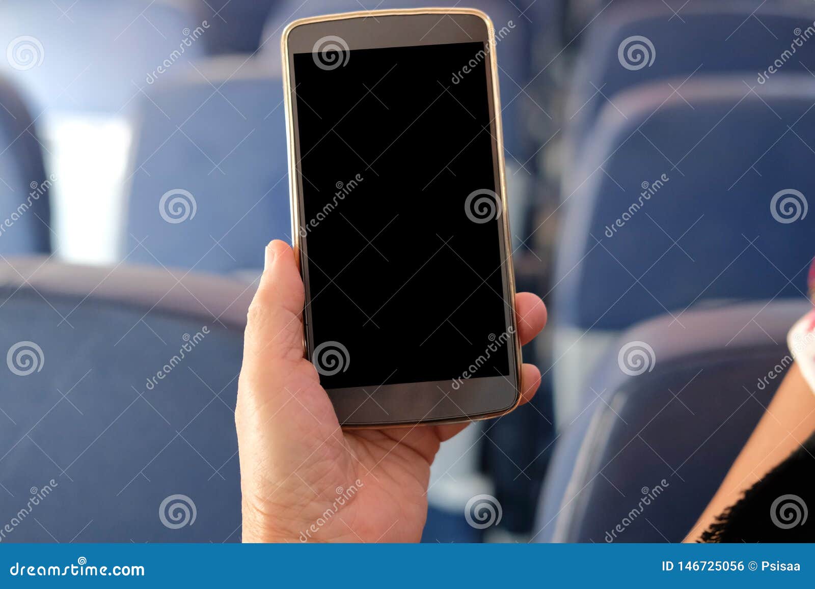 Hand Holding Mobile Smart Phone on Airplane Stock Photo - Image of ...