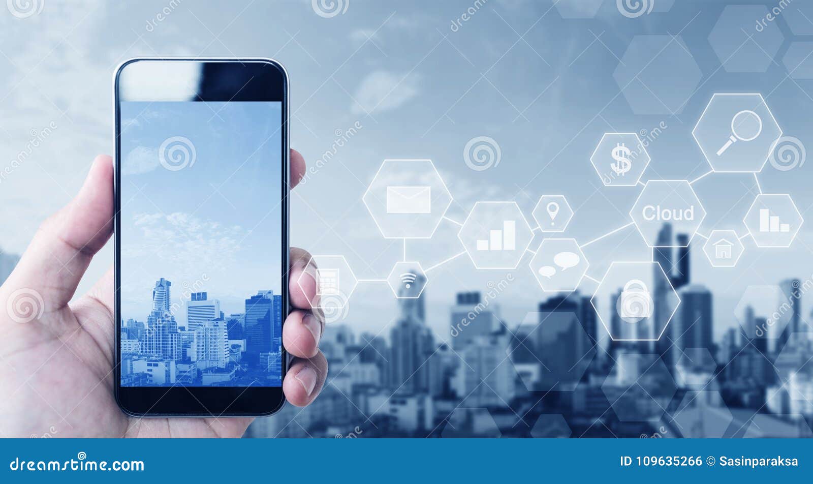 Hand Holding Mobile Smart Phone, on City Background with Application ... Hand Holding Mobile Smart Phone, on City Background with Application ...