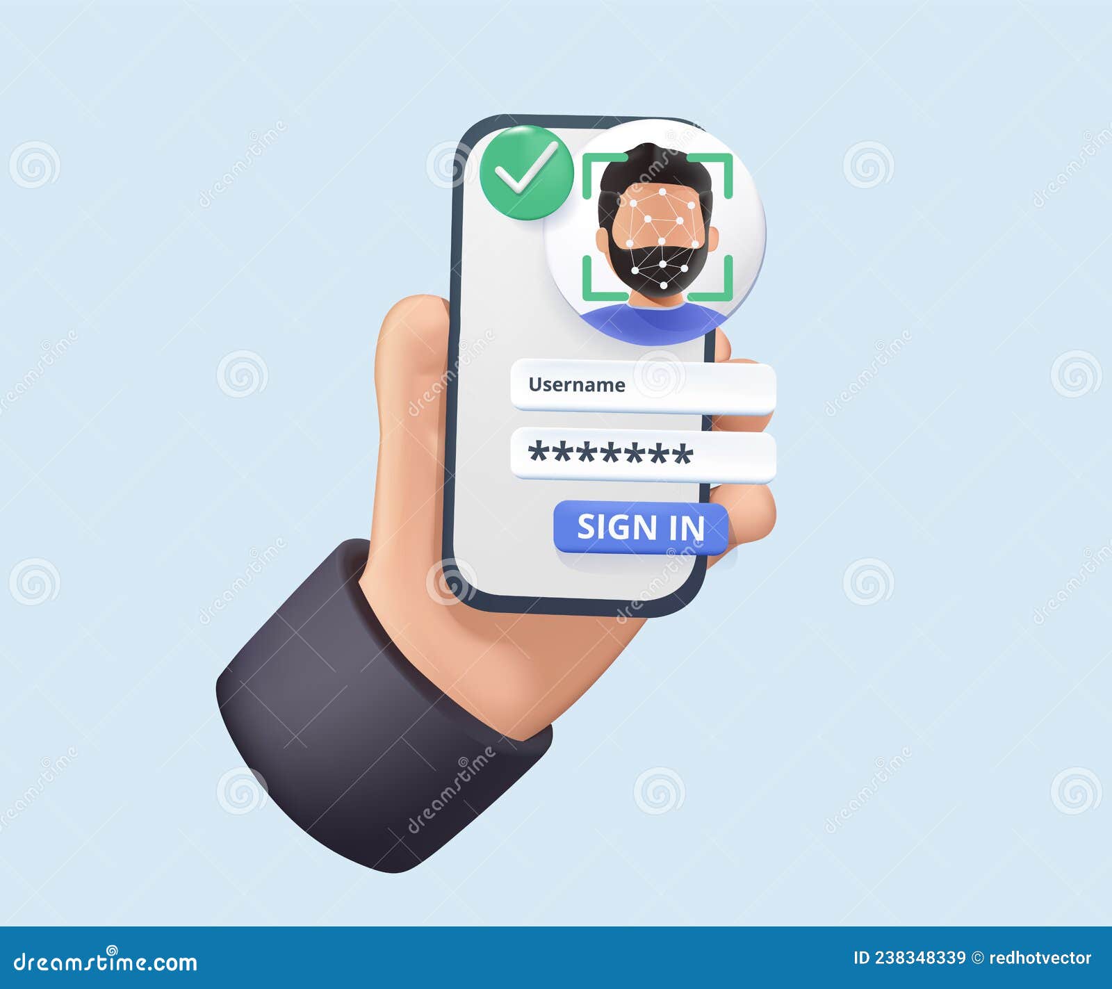 Hand Holding Mobile Smart Phone with Face Recognition App. 3D Web ...