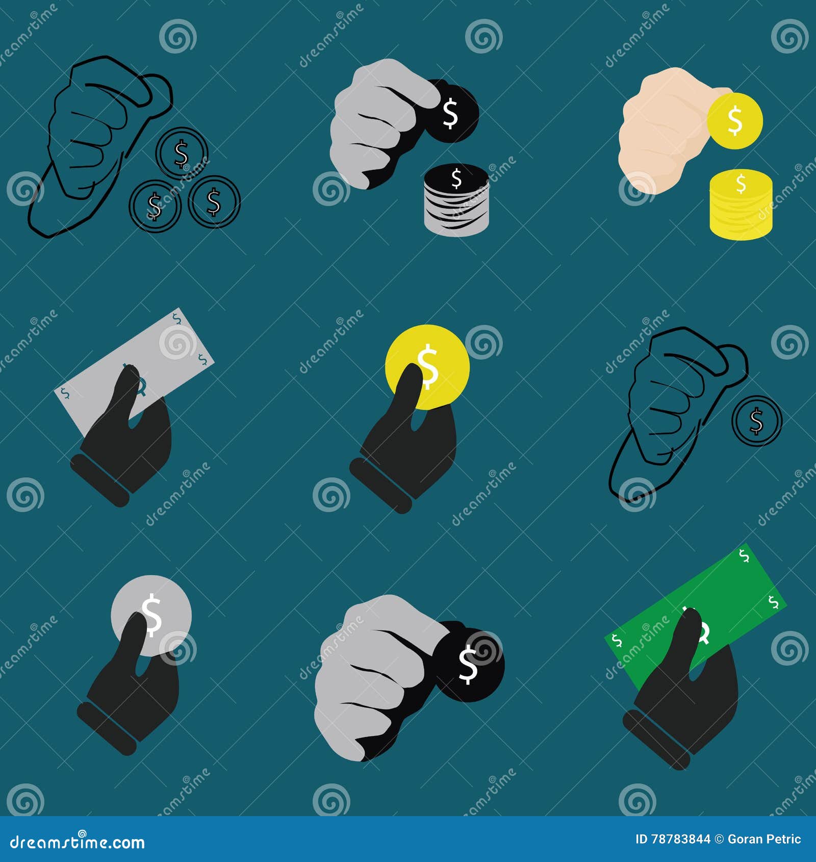 Hand Holding Money and Icon Set. Stock Illustration - Illustration of ...