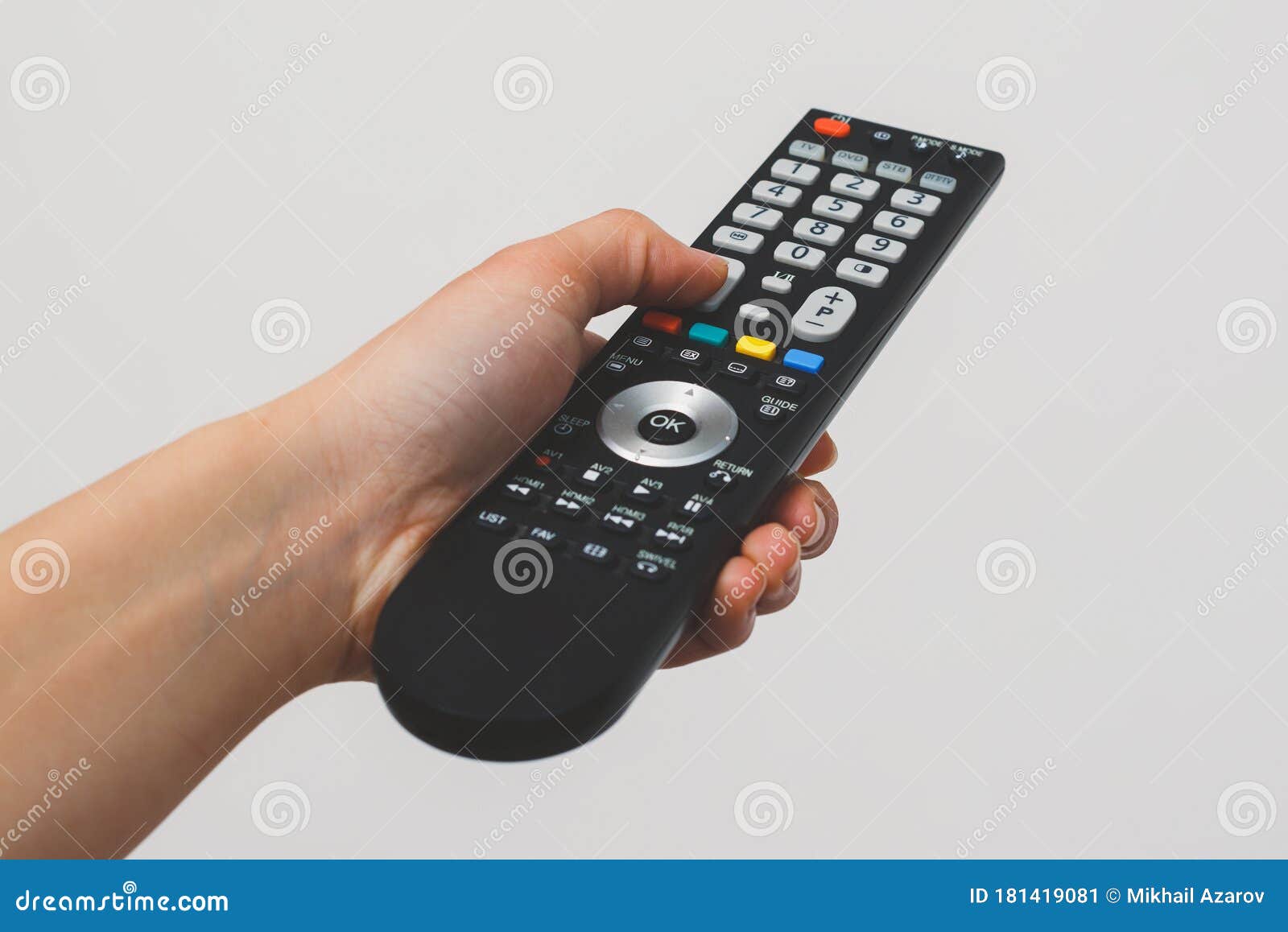 A Woman`s Hand Holds the TV Remote. Stock Image - Image of ...