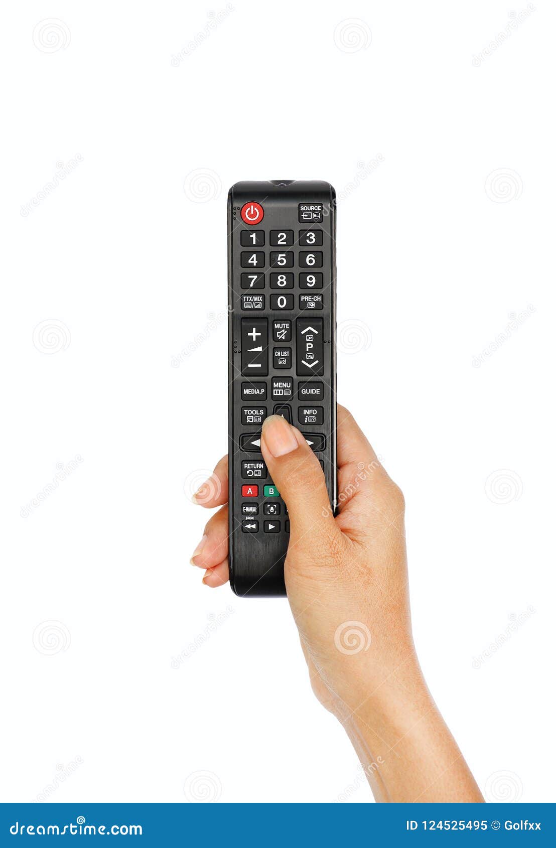 Hand Holding Multimedia Remote Control on White Background Stock Image ...