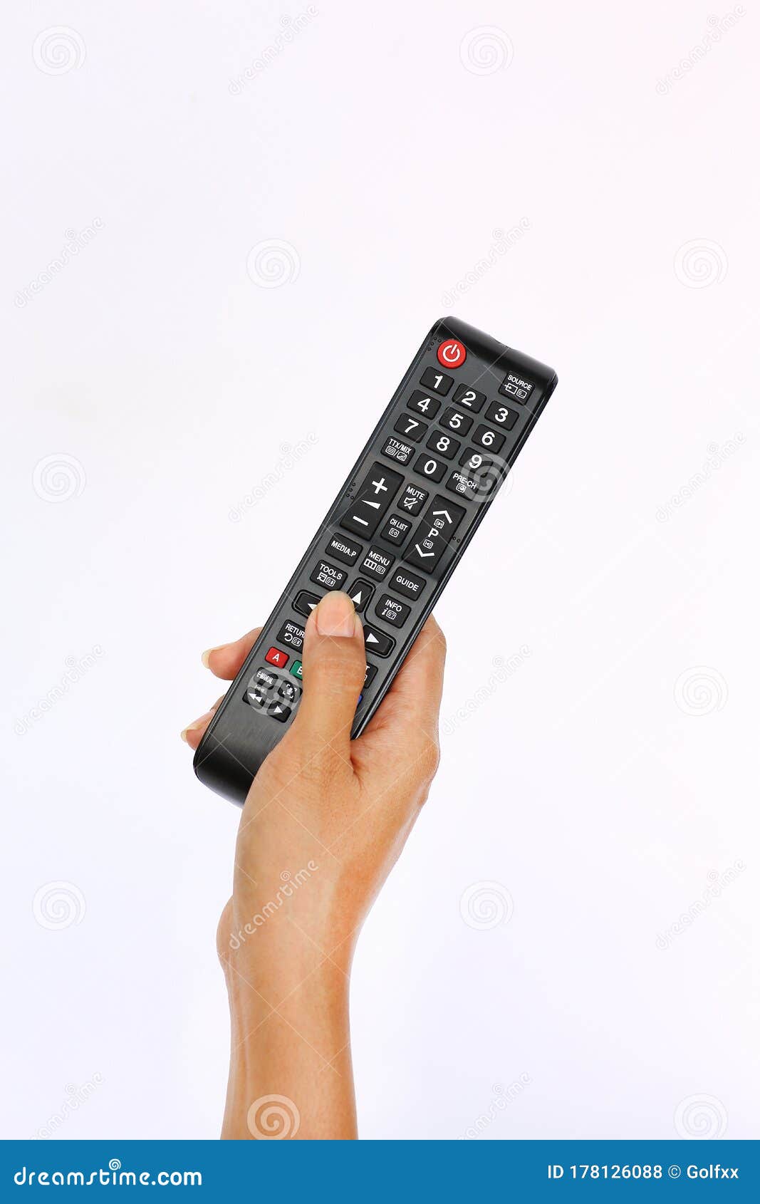 Hand Holding Multimedia Remote Control on White Background Stock Photo ...