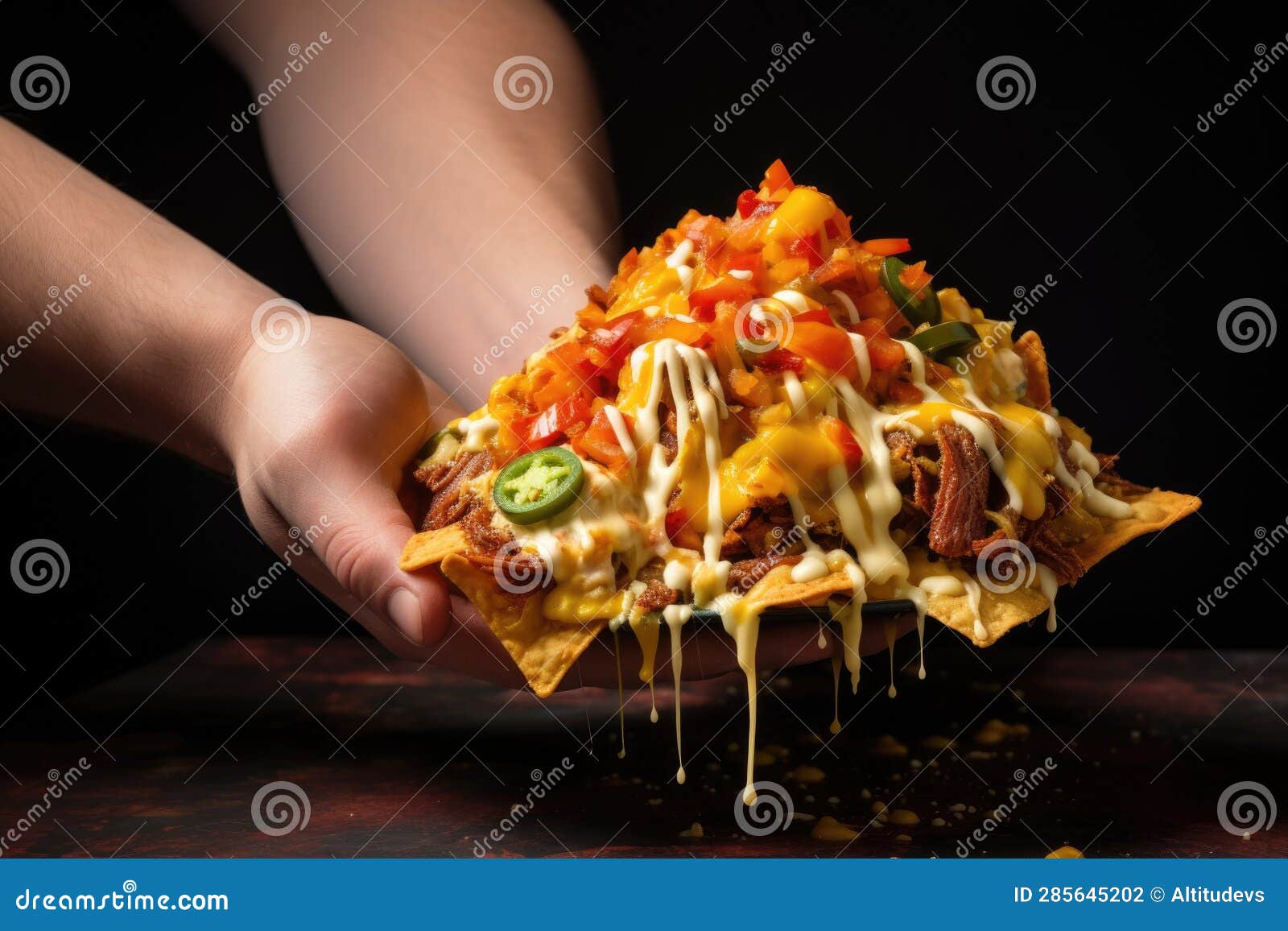 Hand Holding a Nacho with Melted Cheese and Toppings Stock Illustration ...