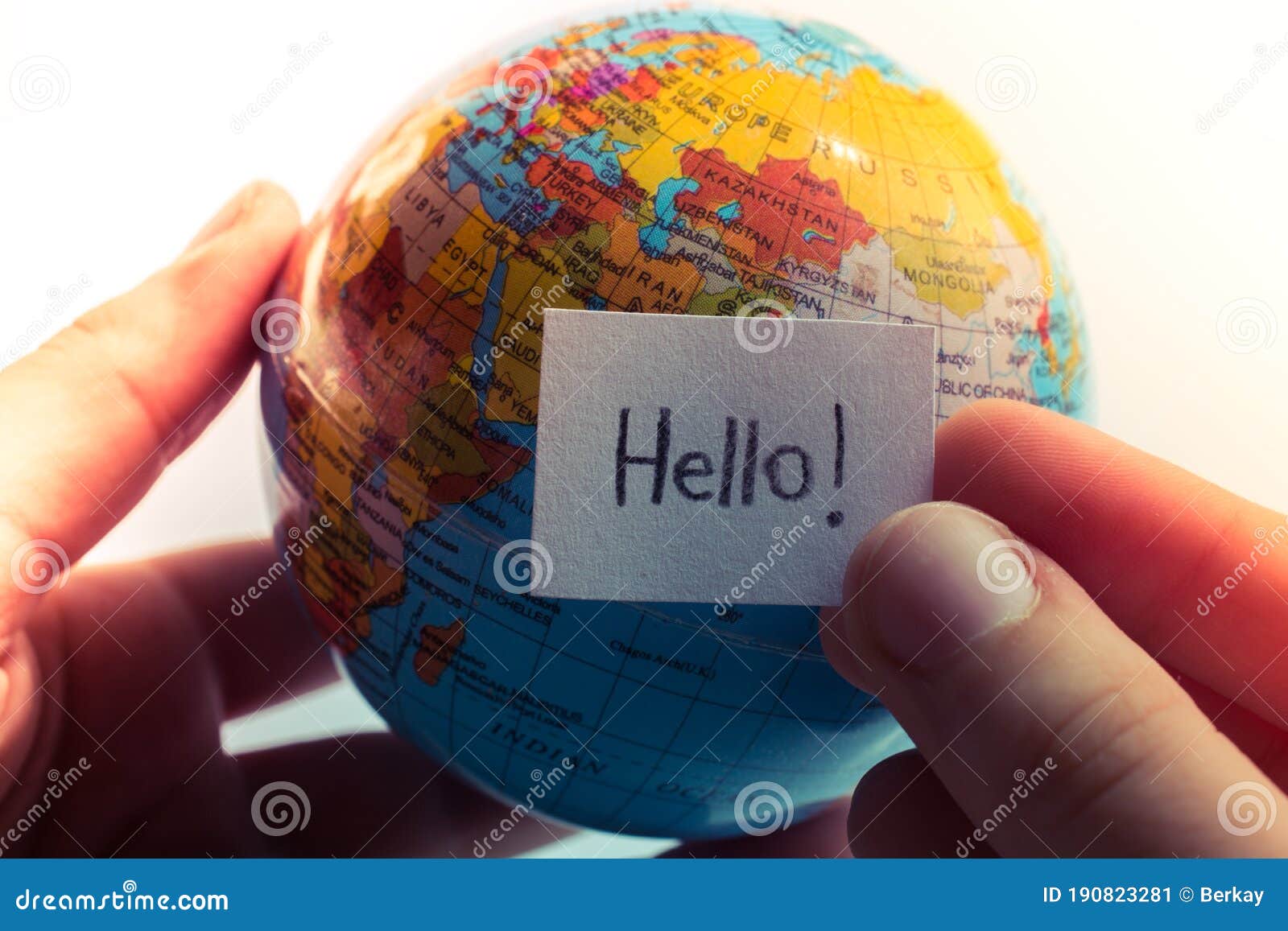 Hand Holding Notepaper with HELLO Wording on Globe Stock Image - Image ...