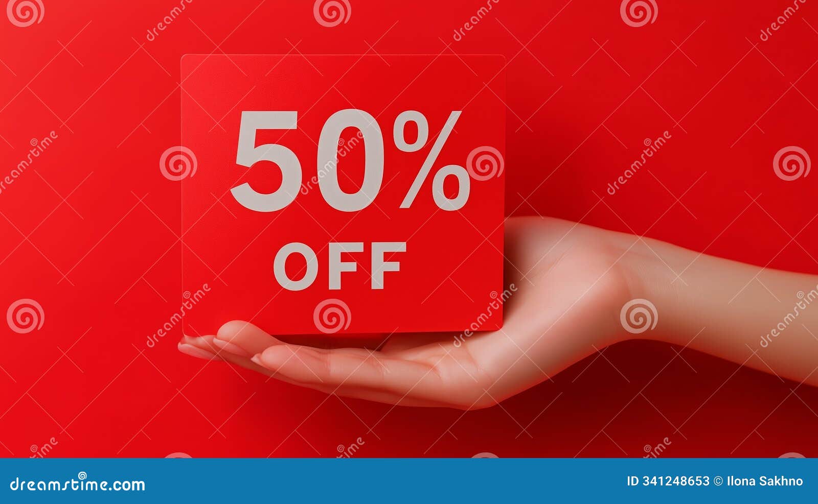 Hand Holding a 50 Off Discount Sign on Red Background Stock ...