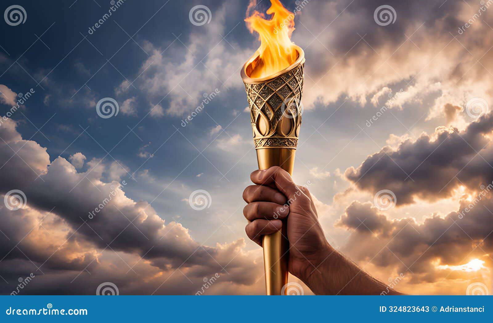 Hand Holding Olympic Torch Against Dramatic Sky at Sunset Background ...