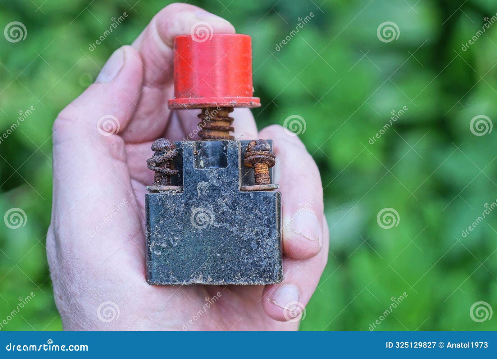 Hand Holding One Old Black Toggle Switch with Finger on Red Button ...