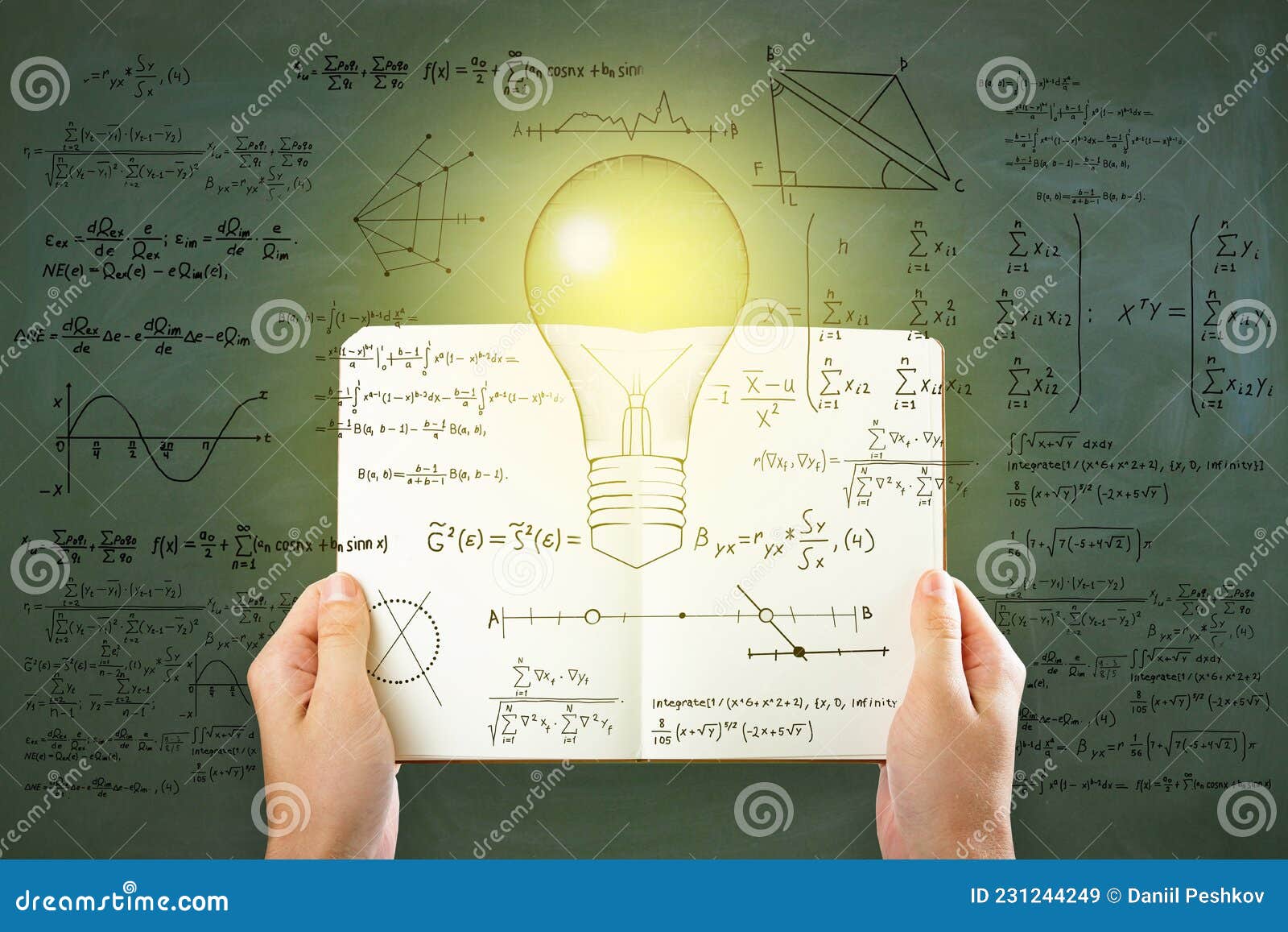 Hand Holding Open Book with Abstract Light Bulb Sketch with ...