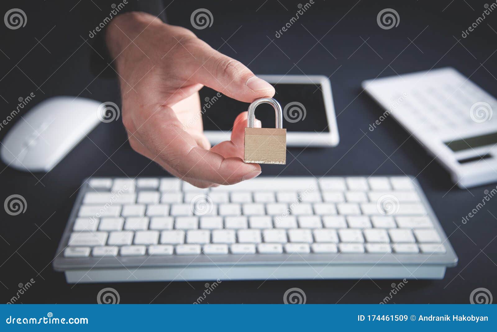 Hand Holding Padlock. Office Desk Stock Image - Image of protect ...