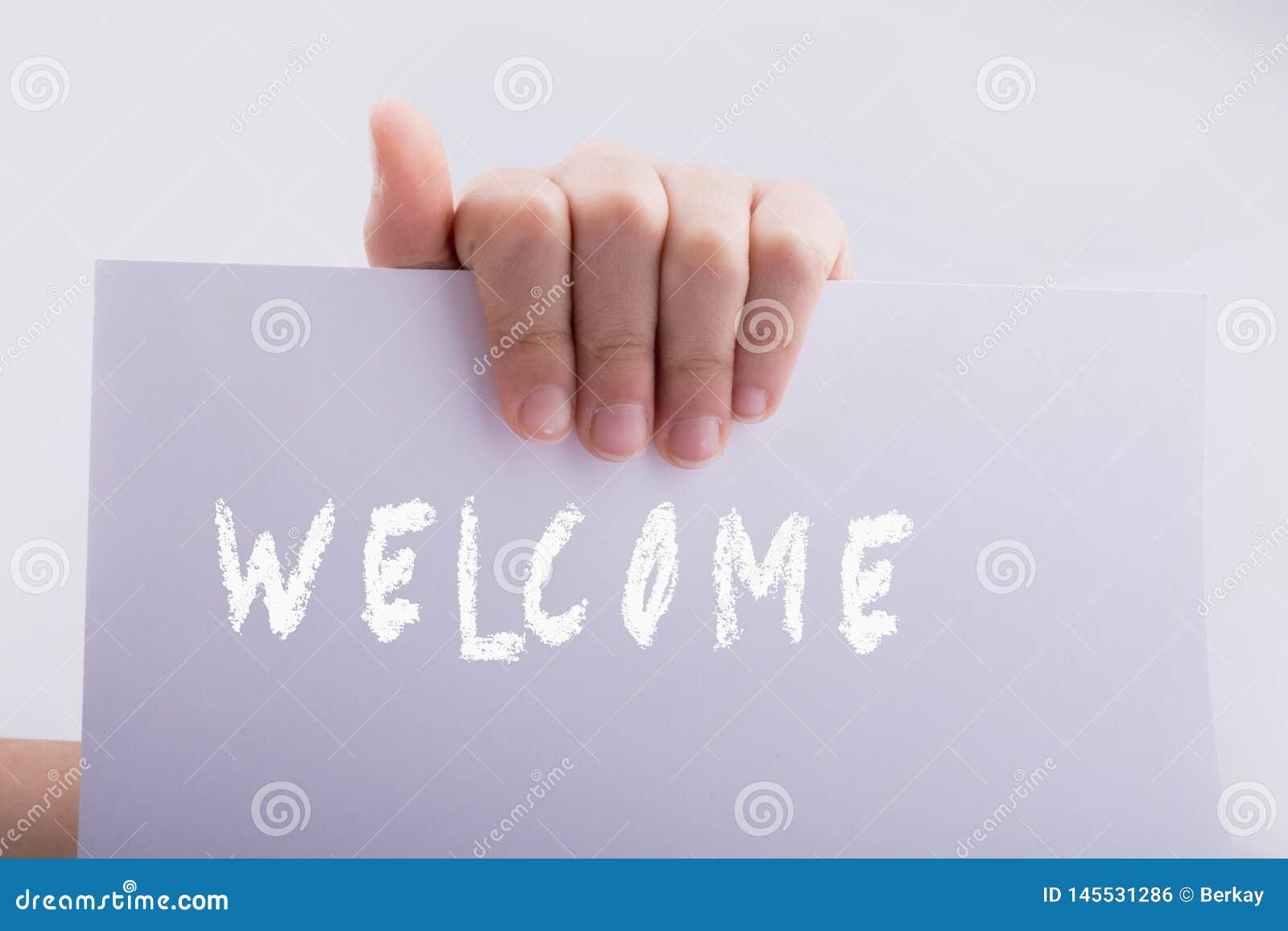 Hand Holding Paper with Welcome Wording Stock Illustration ...