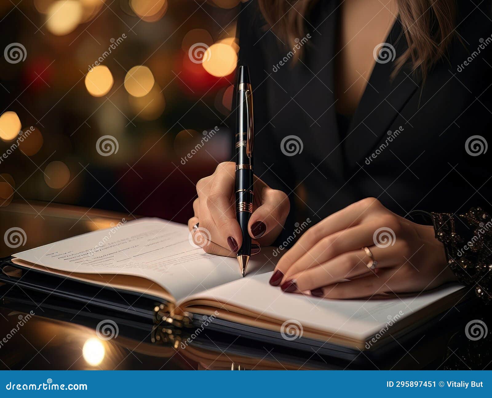 Hand Holding a Pen and Writing in Notepad on a Wooden Table AI Stock ...