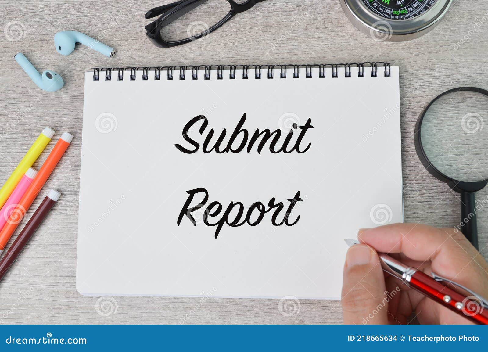 Hand Holding Pen and Writing Text SUBMIT REPORT. Conceptual Image Stock ...