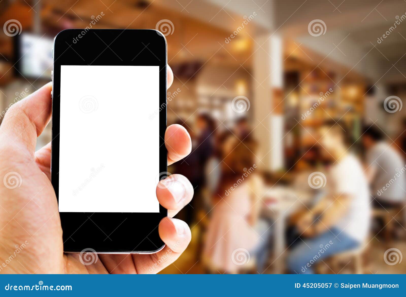 Hand Holding Phone on Cafe Background Stock Image - Image of background ...